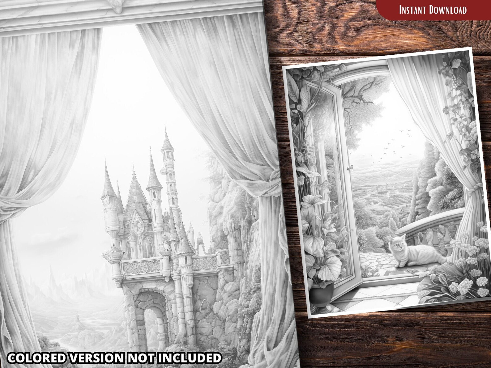 Magical Window Fantasy Coloring Pages, Grayscale Art (printable PDF) - Etsy