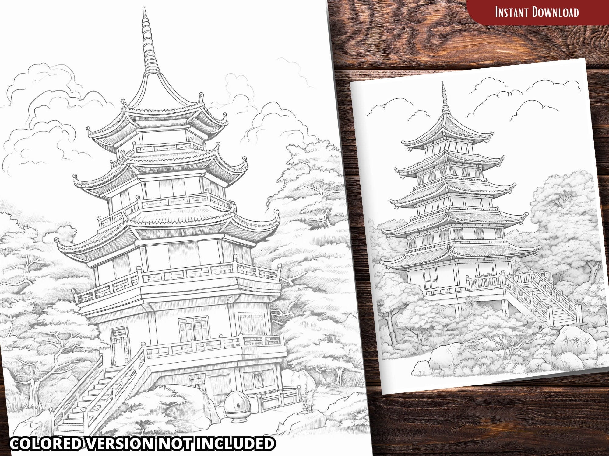 Pagoda Coloring Pages for Adults and for Kids for Relax and Stress ...