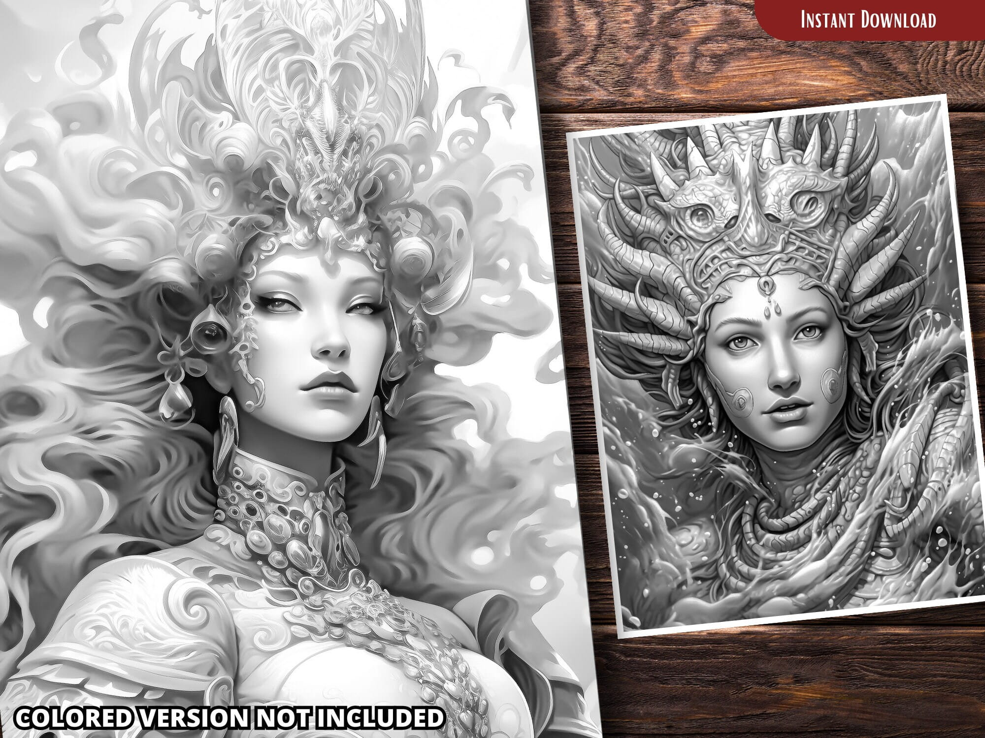 Goddess of the Sea Coloring Pages for Adults and for Kids, Grayscale ...