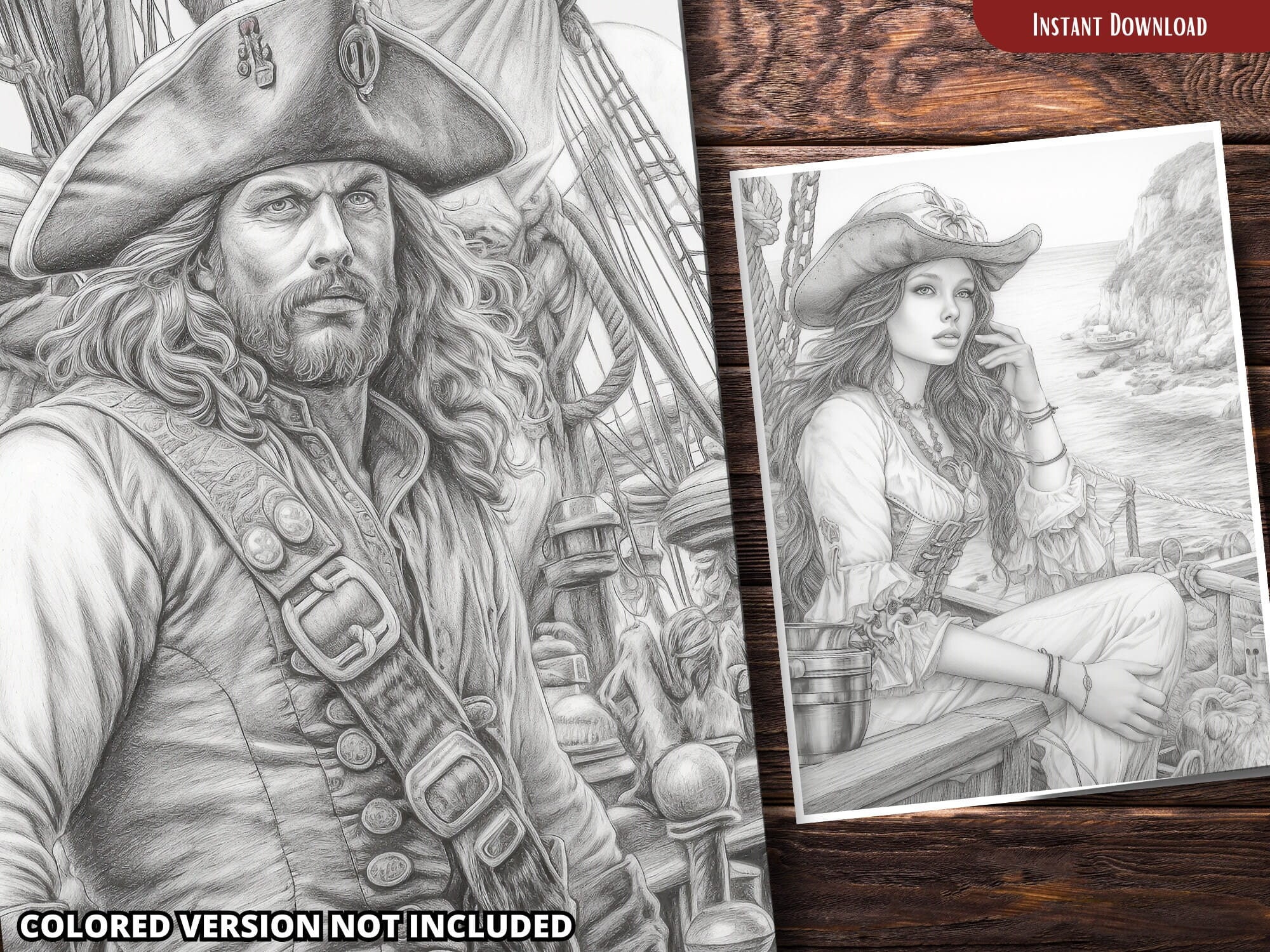 Pirates Coloring Pages for Adults and for Kids Grayscale Coloring Book ...