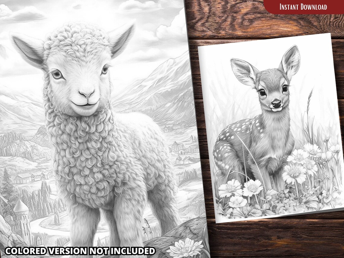 Baby Animals Coloring Pages for Adults and for Kids, Grayscale Coloring ...