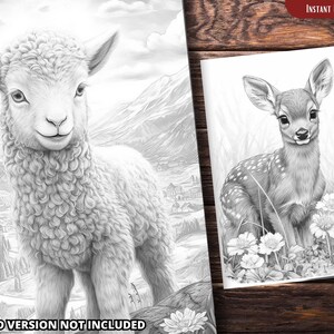 Baby Animals Coloring Pages for Adults and for Kids, Grayscale Coloring ...