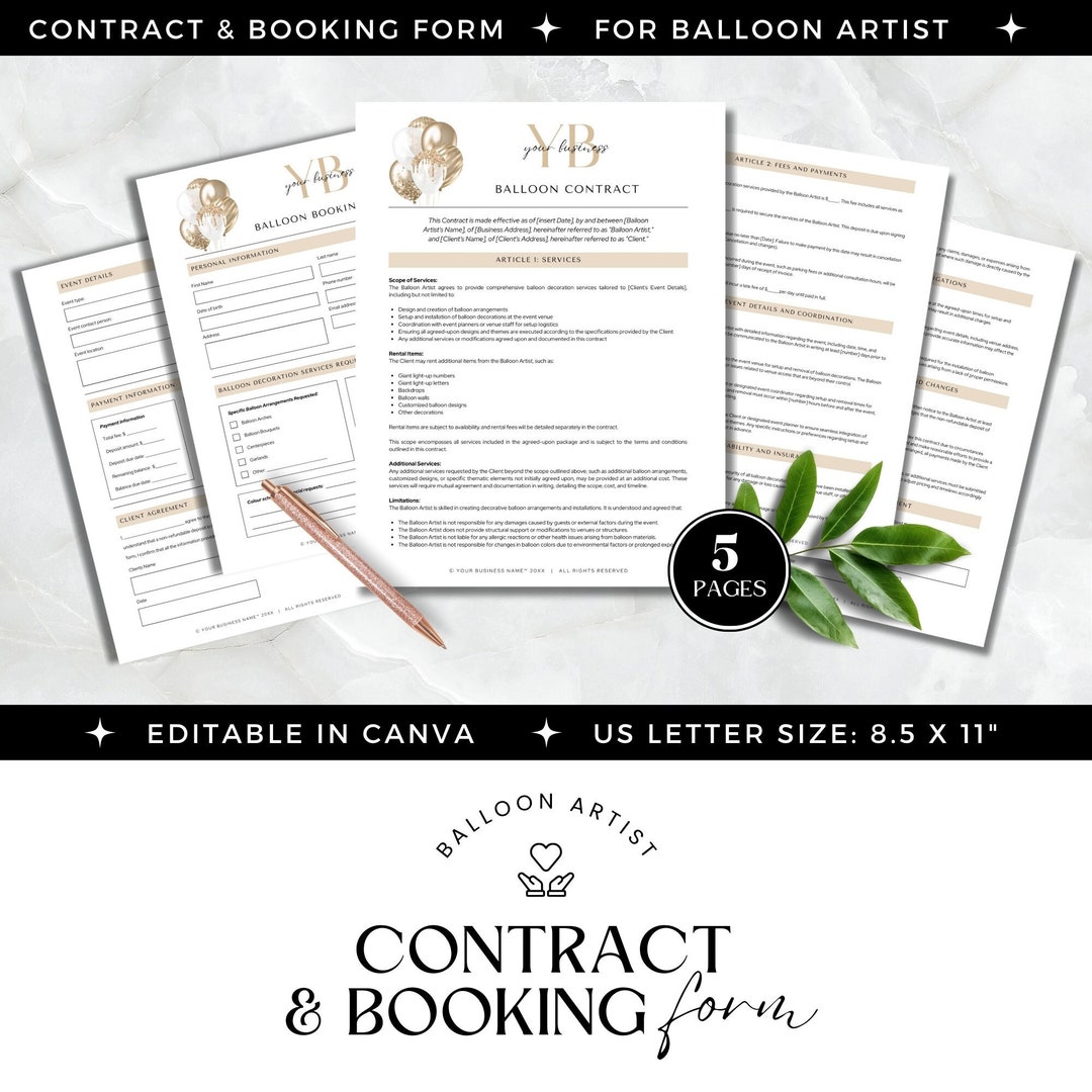 Balloon Service Contract Template With Booking Form, Balloon Artist ...
