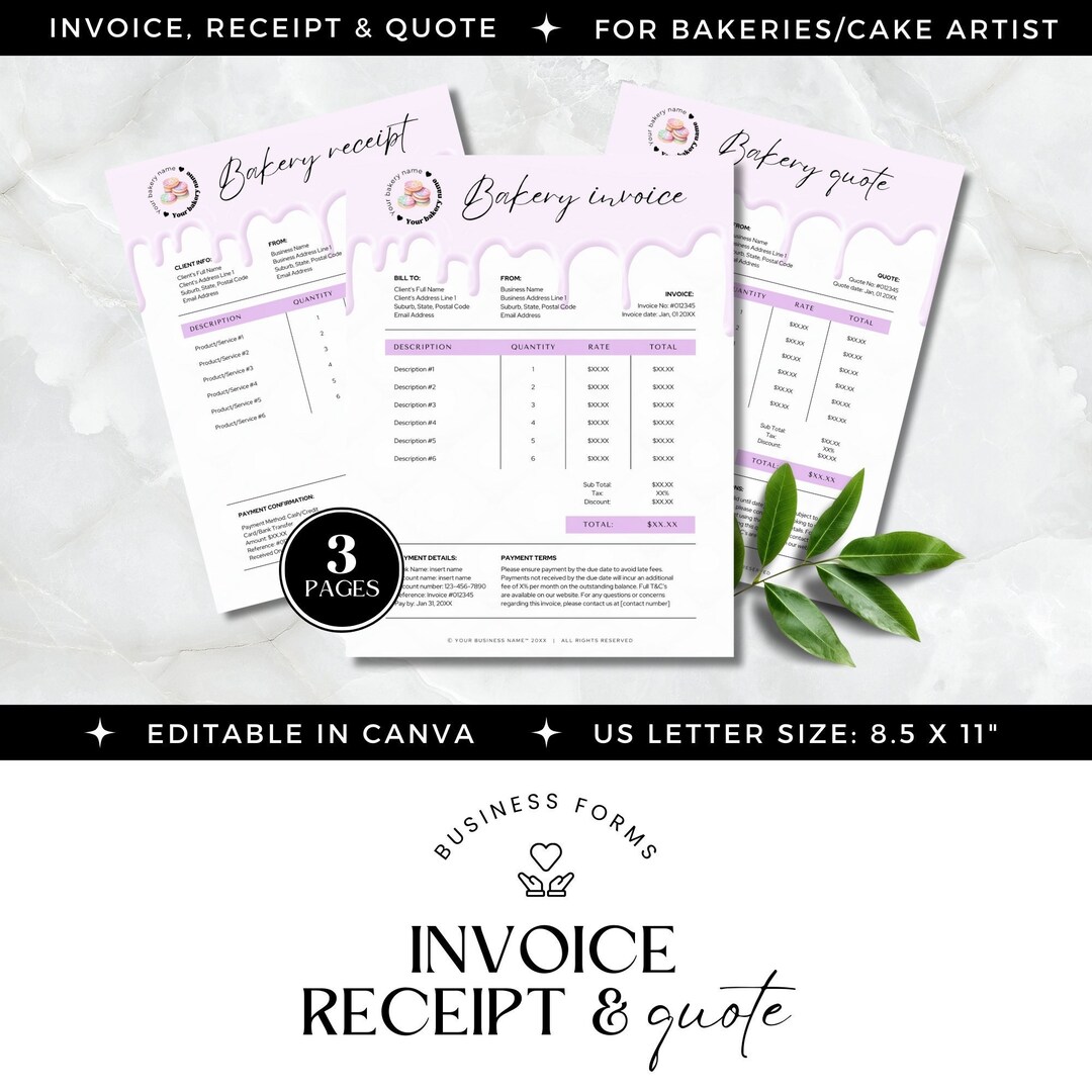 Bakery Invoice Form, Receipt and Quote Templates for Cake Artist ...
