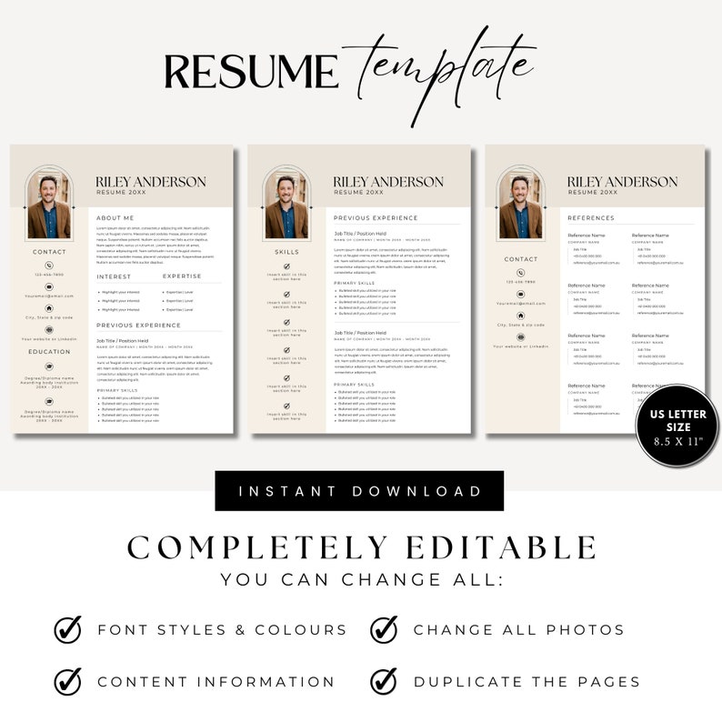 Resume Template, Editable Canva CV Layout, Eye Catching Curriculum ...