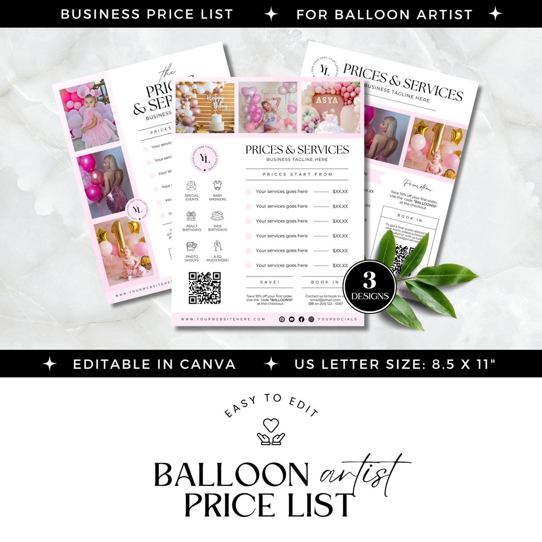 Balloon Business Price Sheet, Balloon Artist Menu Template, Balloon ...