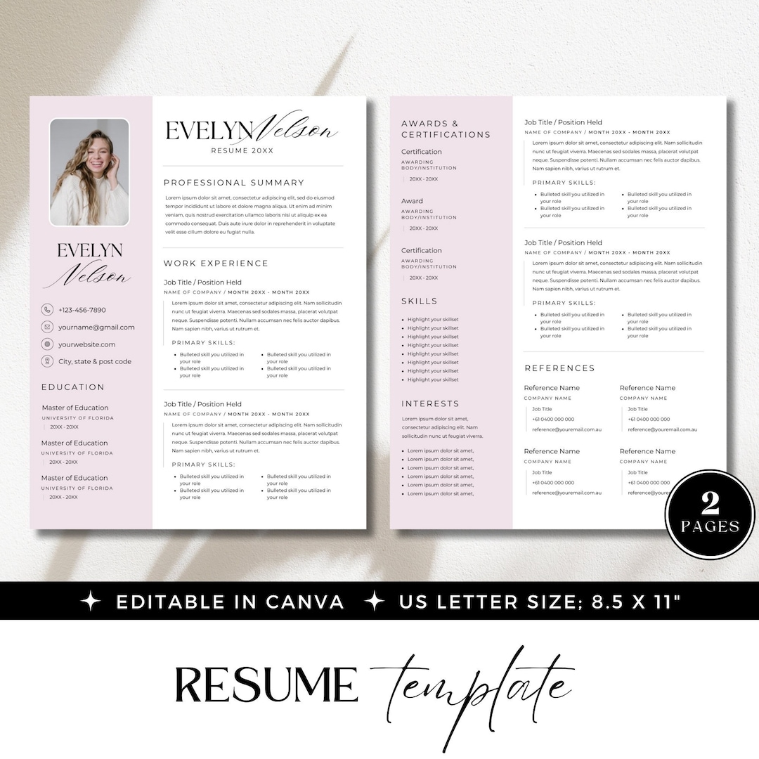 Resume Template, Editable Canva CV Layout, Eye Catching Curriculum ...