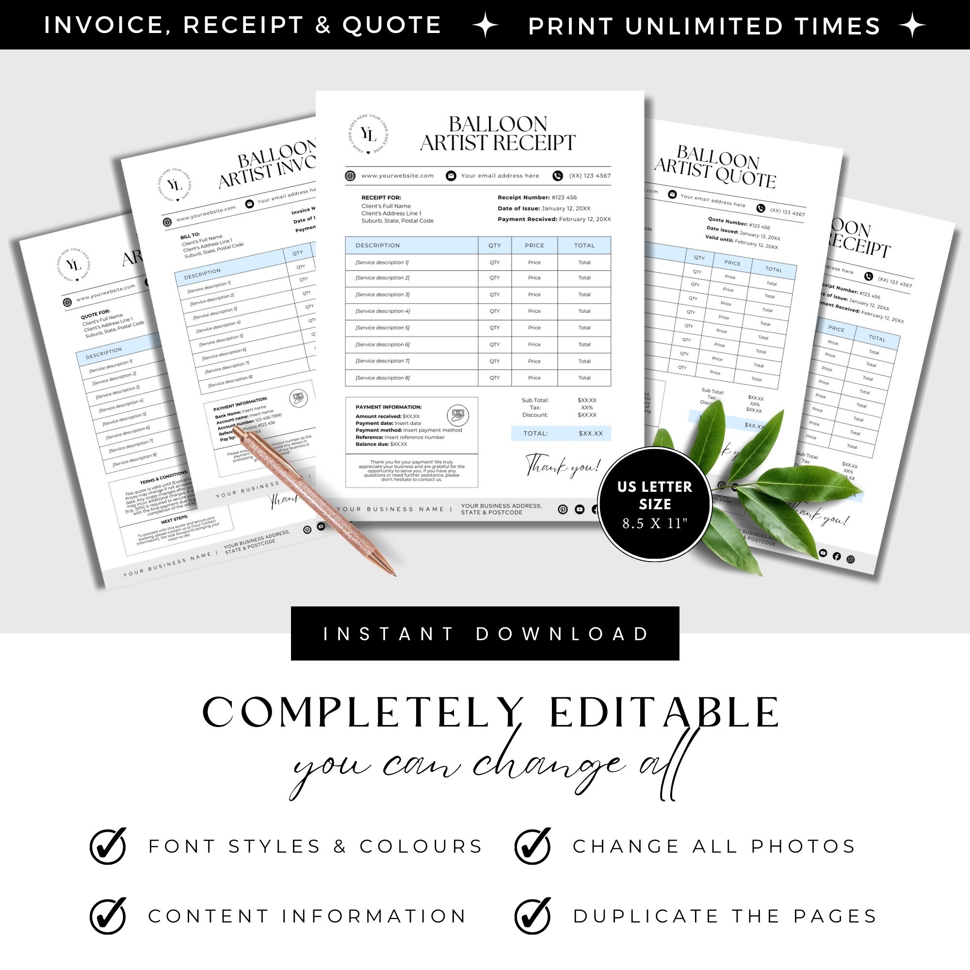Balloon Artist Invoice, Receipt and Quote Templates for Balloon Garland ...