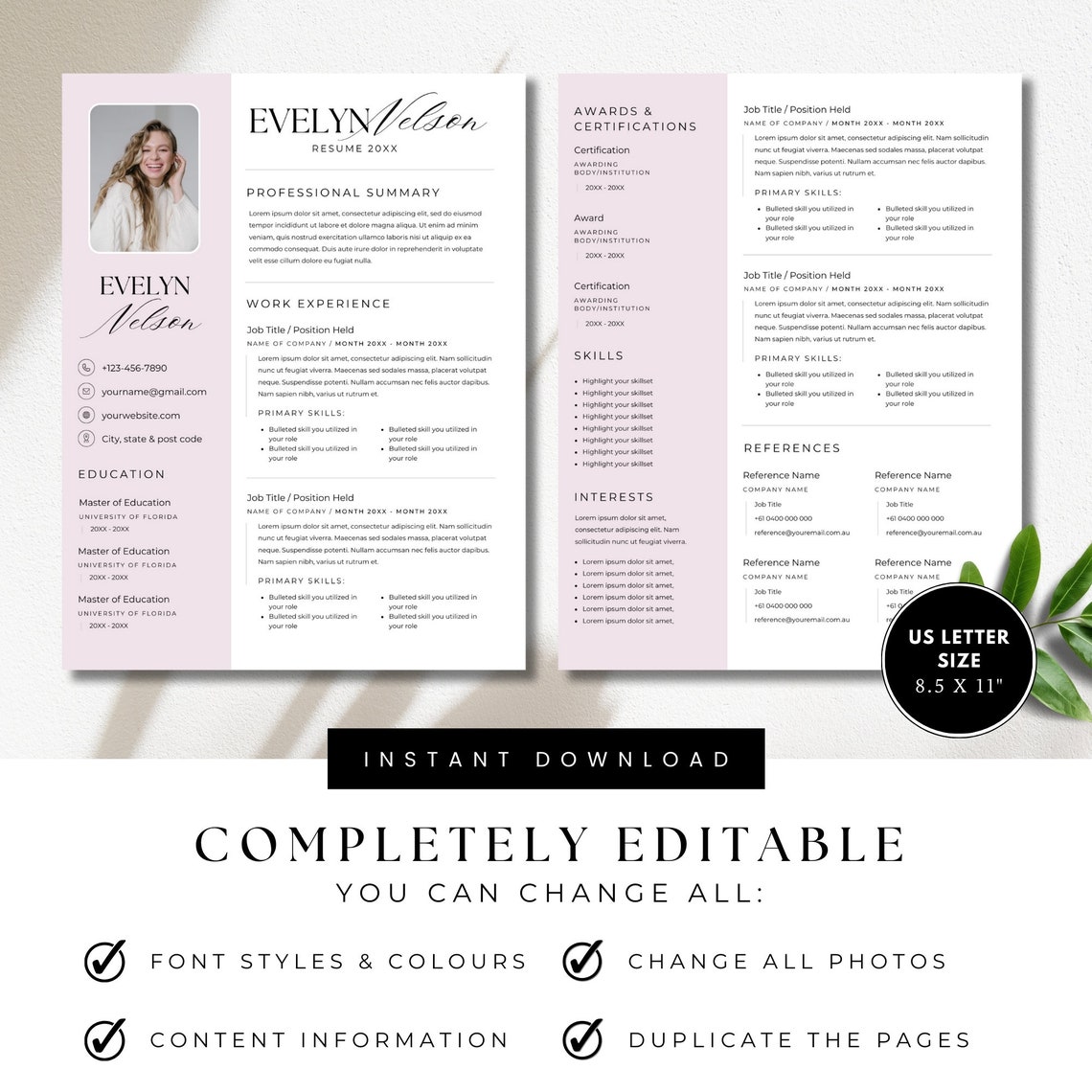 Resume Template, Editable Canva CV Layout, Eye Catching Curriculum ...