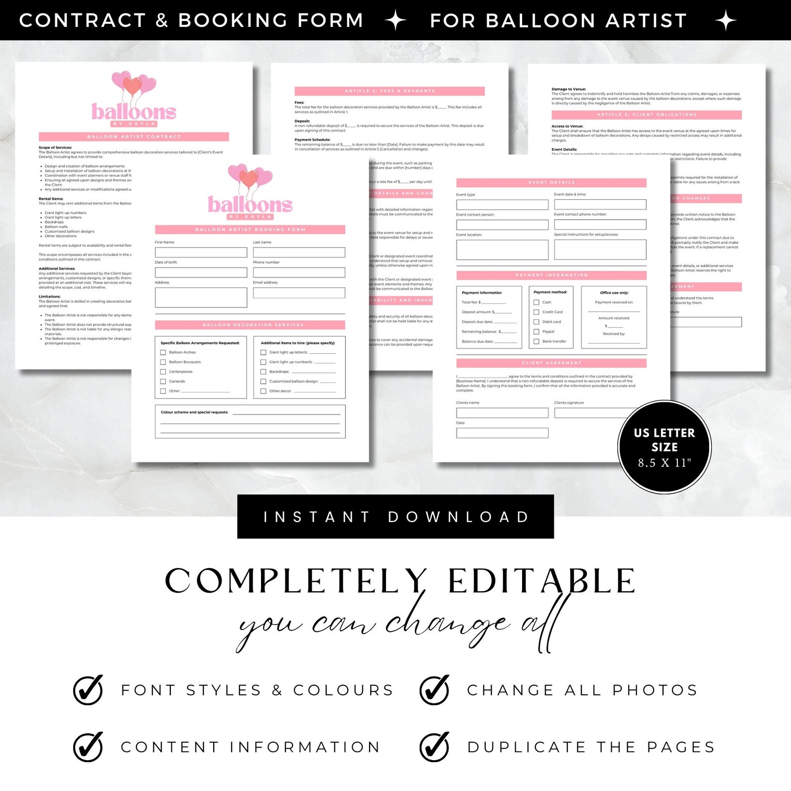 Balloon Service Contract Template With Booking Form, Balloon Artist ...
