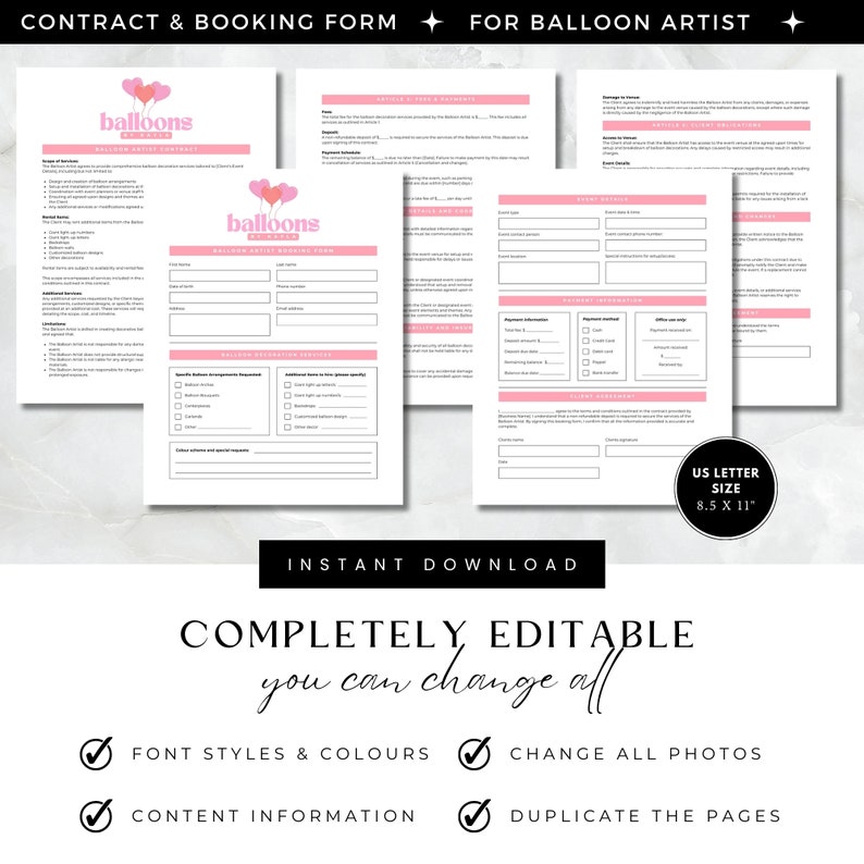 Balloon Service Contract Template With Booking Form, Balloon Artist ...