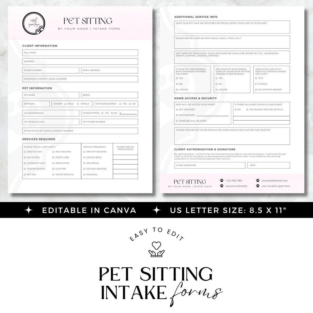 Pet Sitter Client Intake Form Template, House and Pet Sitting Canva ...