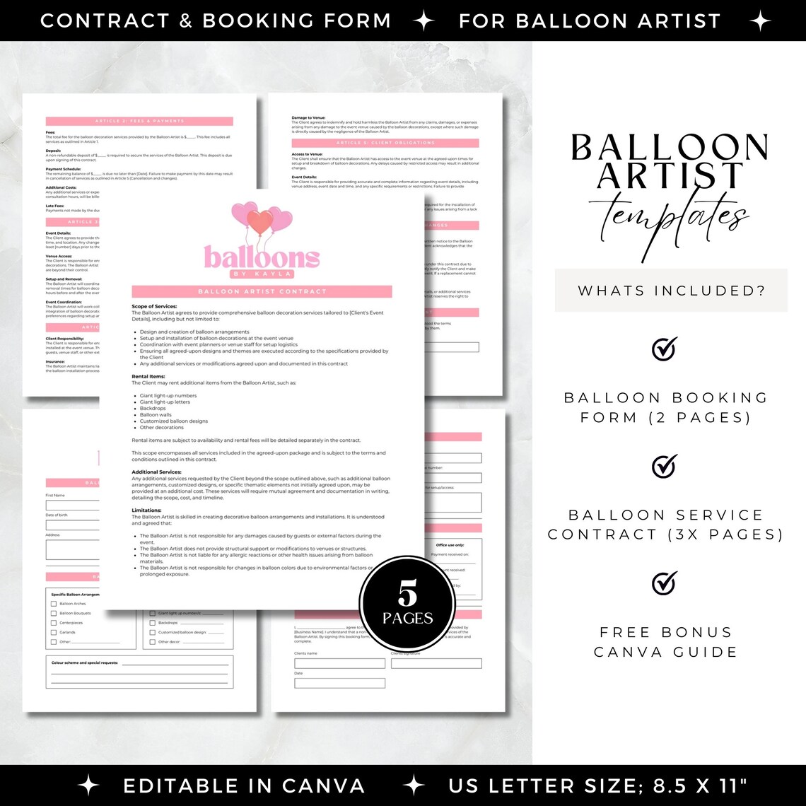 Balloon Service Contract Template With Booking Form, Balloon Artist ...