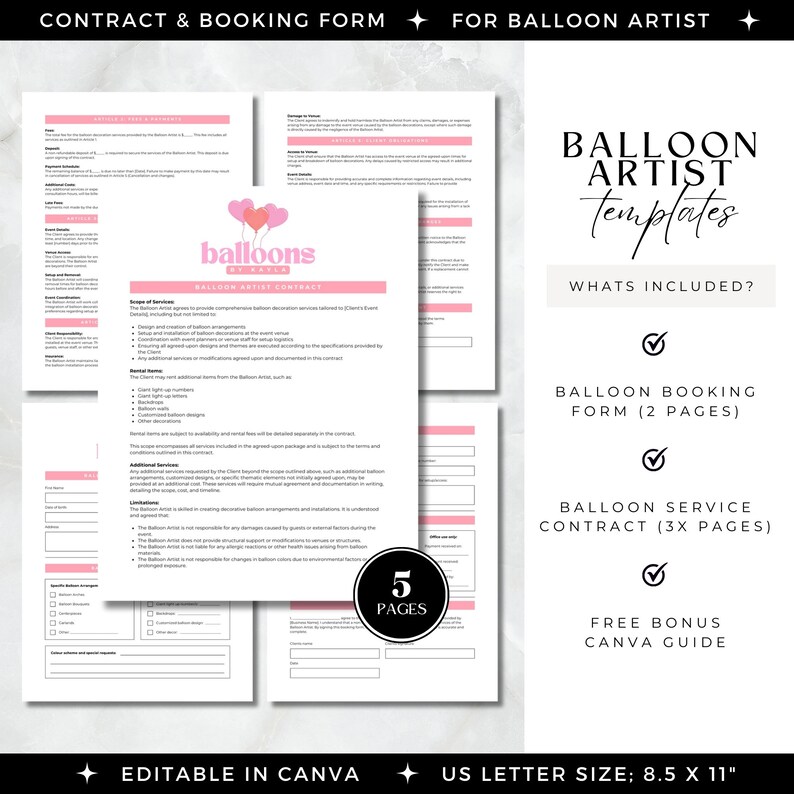 Balloon Service Contract Template With Booking Form, Balloon Artist ...