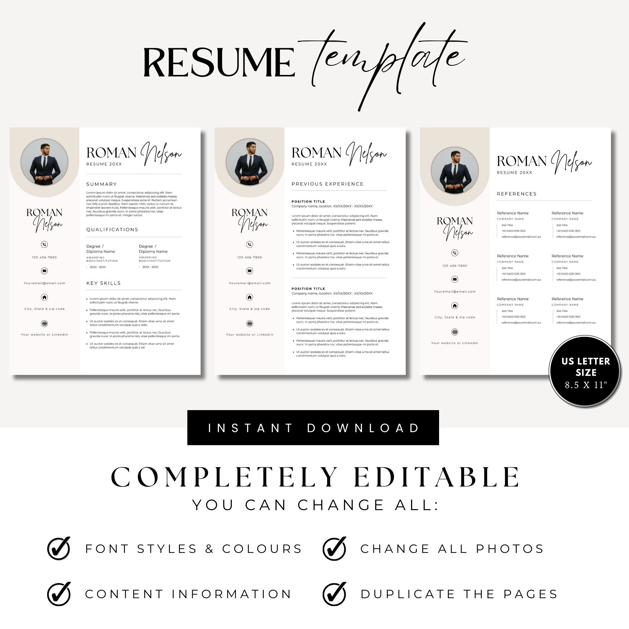 Resume Template, Editable Canva CV Layout, Eye Catching Curriculum ...