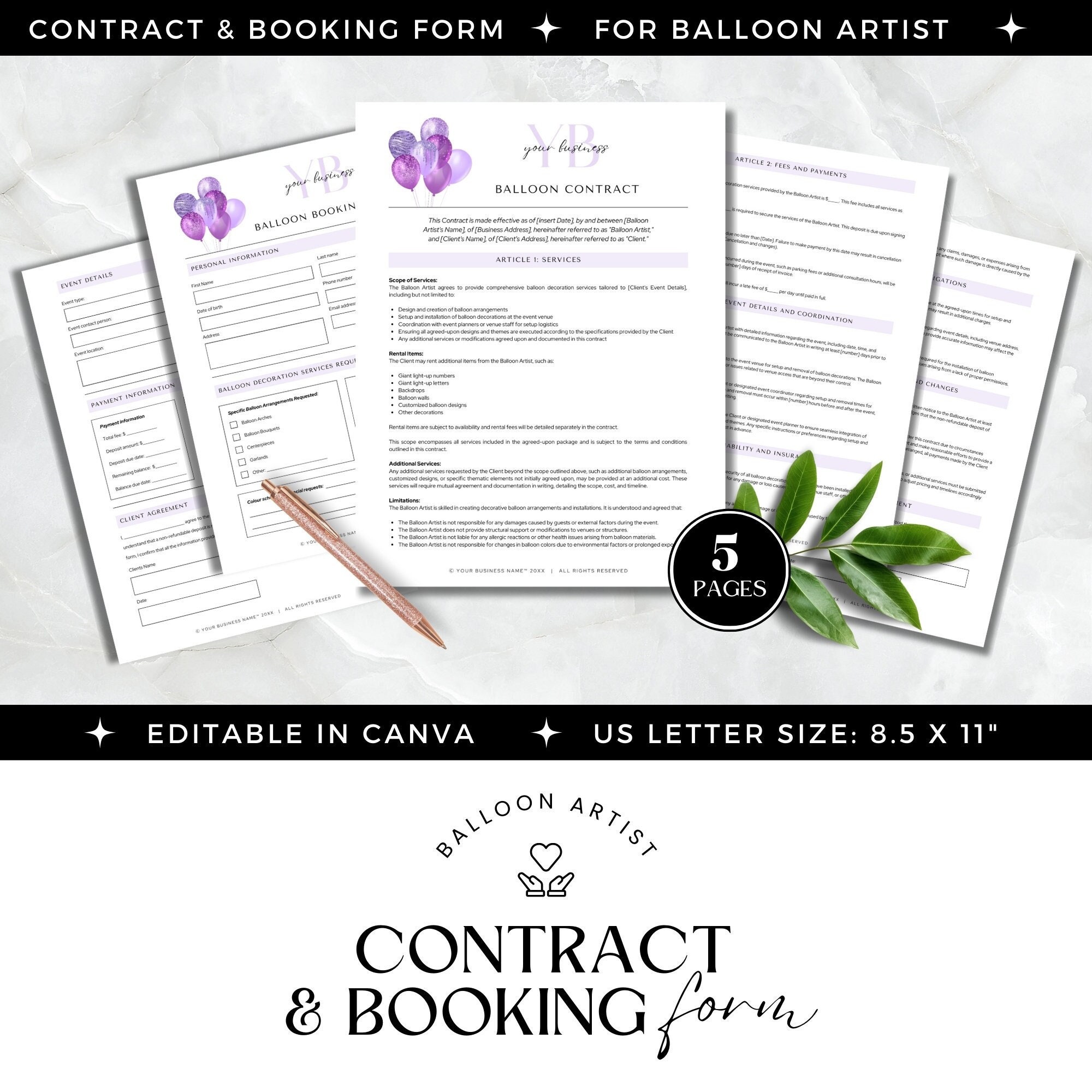 Balloon Service Contract Template With Booking Form, Balloon Artist ...