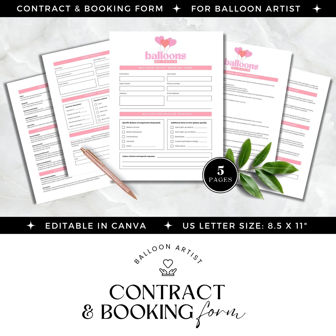 Balloon Service Contract Template With Booking Form, Balloon Artist ...