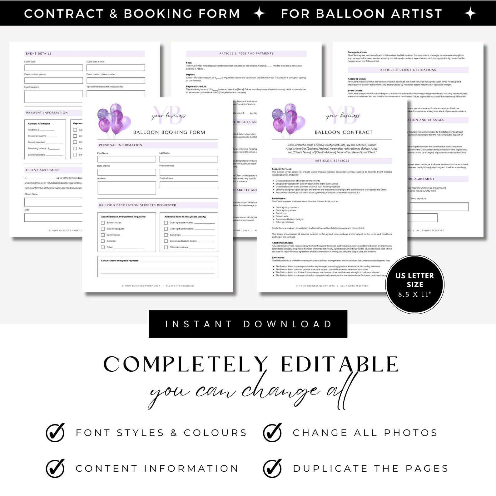 Balloon Service Contract Template With Booking Form, Balloon Artist ...