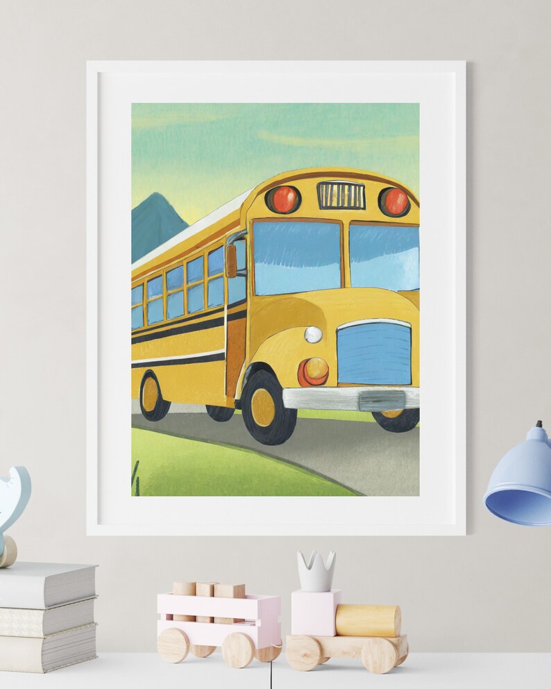 School Bus Classroom Kids Room Wall Art Print Colorful Nursery Decor ...