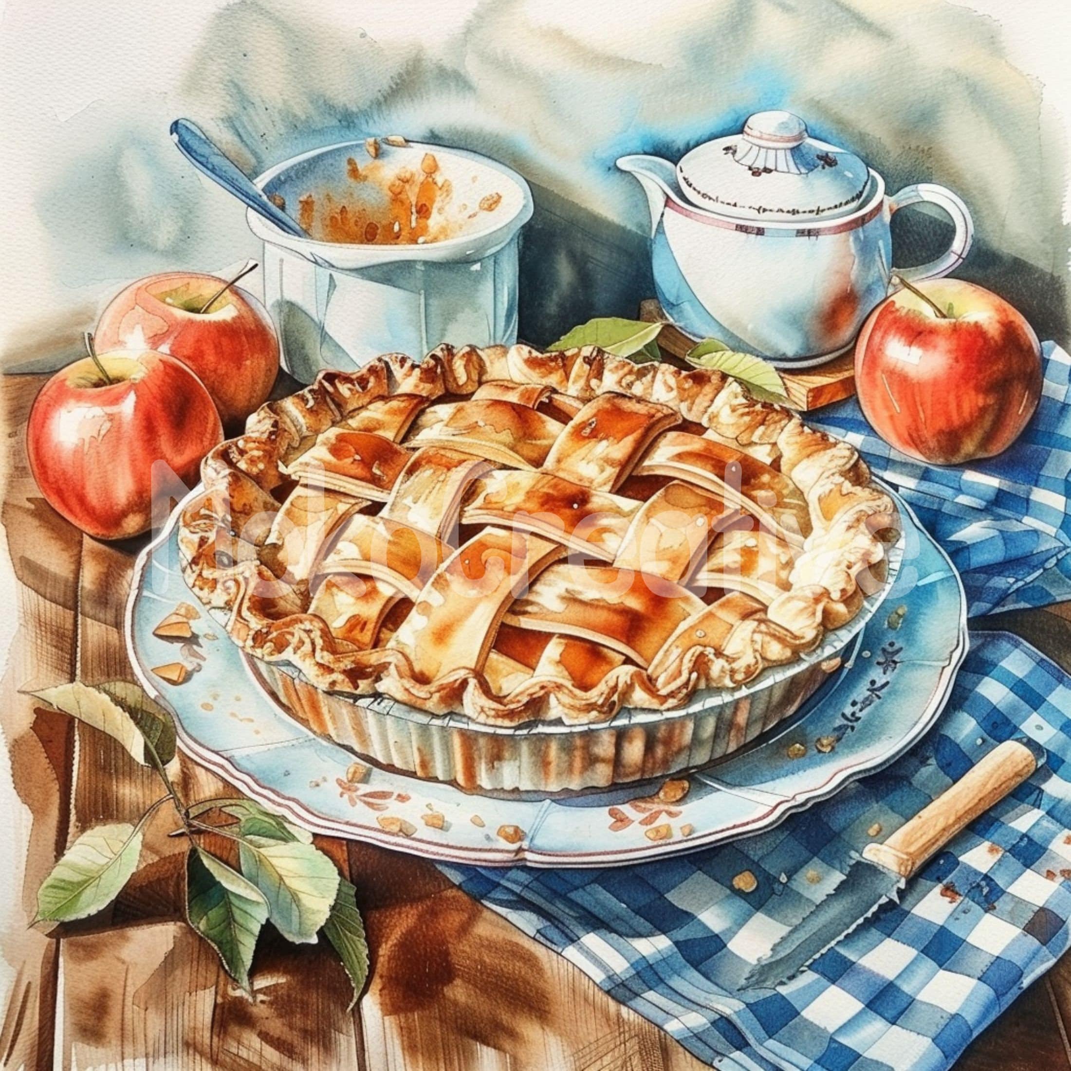 12 High Quality Apple Pie Design JPG, Watercolor Home Made Cake Wall ...