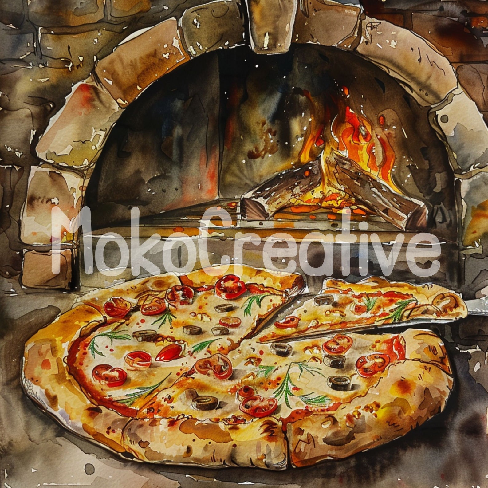 13 High Quality Pizza Design JPG, Watercolor Restaurant Stone Oven Food ...