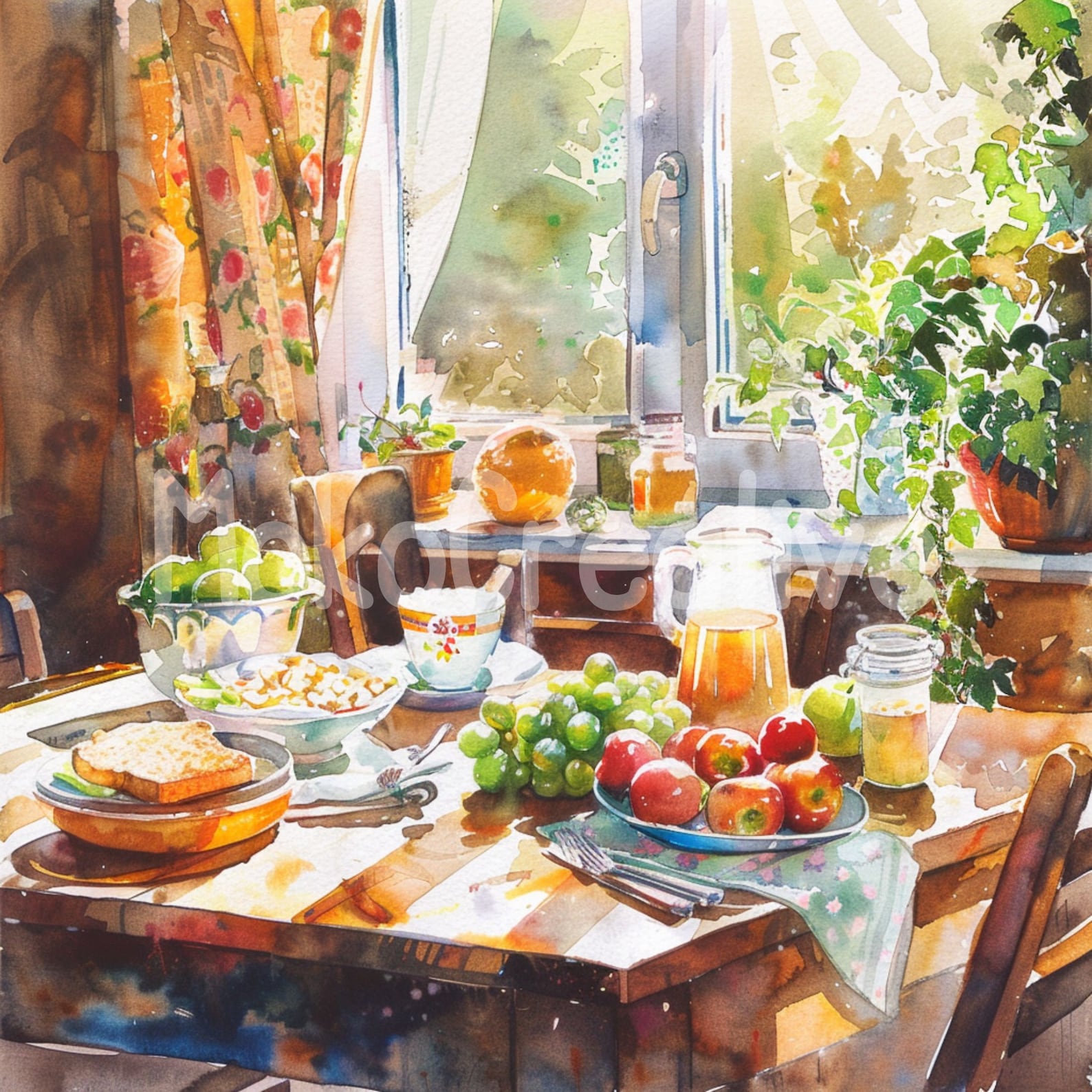 17 High Quality Breakfast Table Designs, Watercolor Morning Food Wall ...
