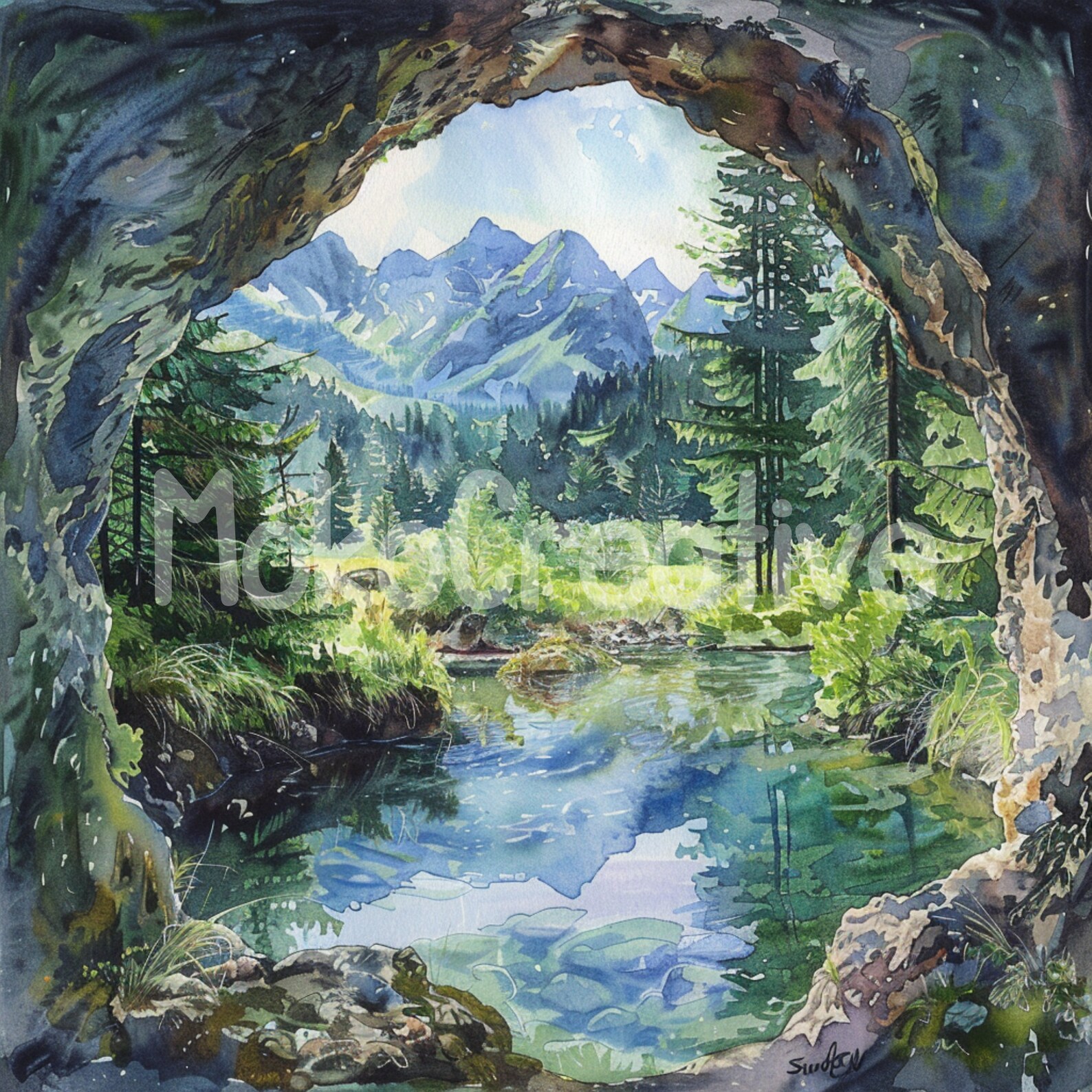 16 High Quality Cave Entry Landscape Designs, Watercolor Scenery ...