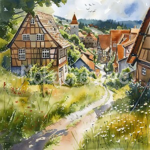 15 High Quality Summer Village Designs JPG, Watercolor Small Town, Wall ...