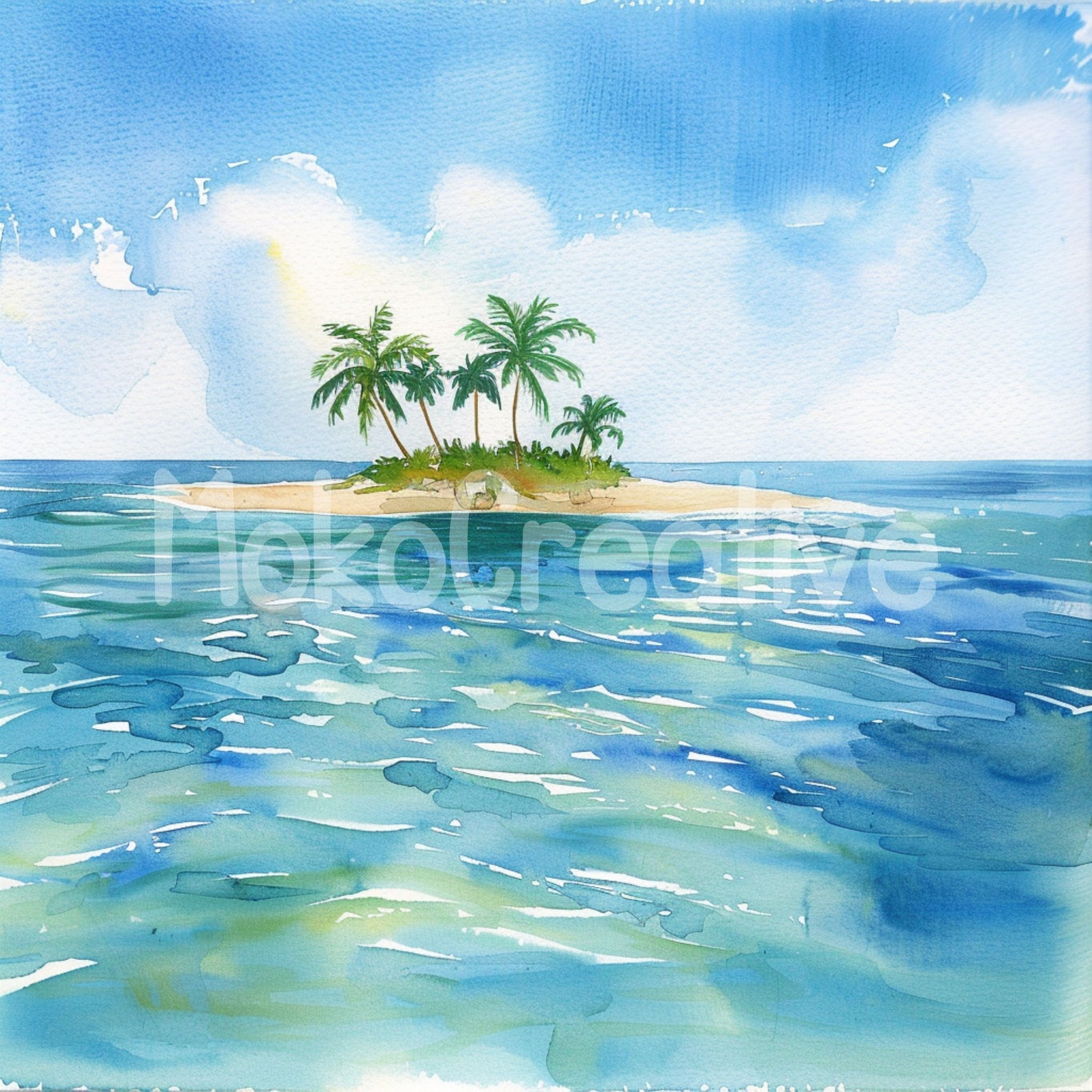Tropical Island Watercolor Art Prints: Summer Ocean Designs (digital ...