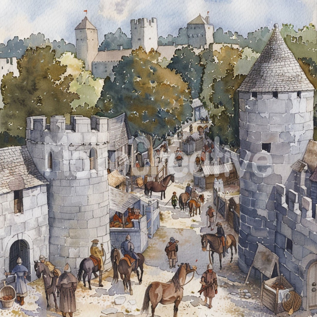 16 High Quality Medieval City Designs, Watercolor Middle Ages Town ...