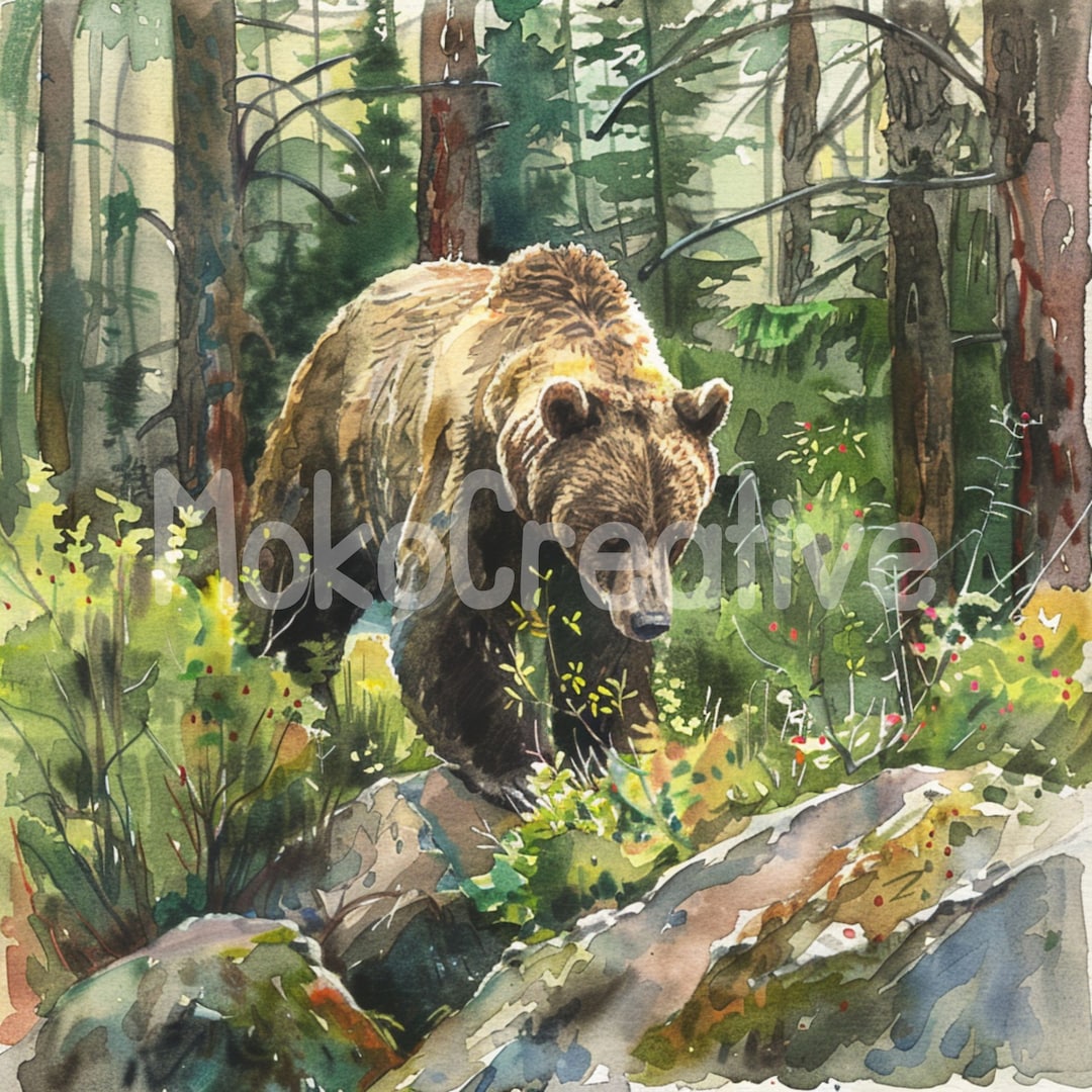 13 High Quality Brown Bear Designs, Watercolor Bear in Forest Wall Art ...