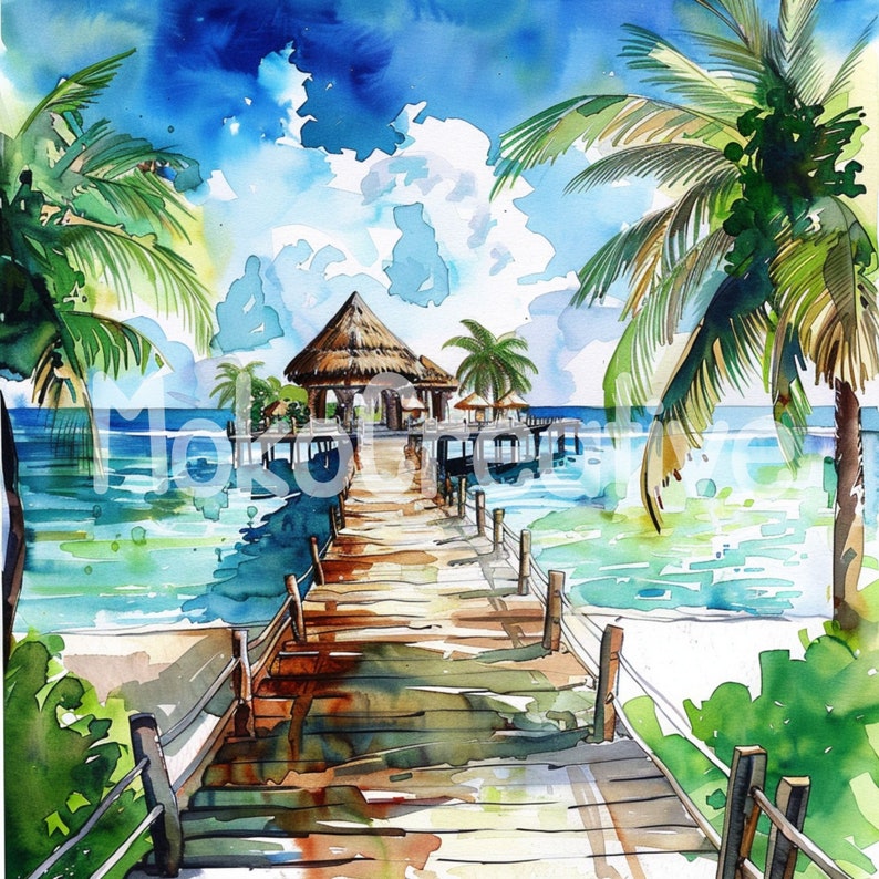 Watercolor Tropical Resort Clipart: Caribbean Vacation Designs (digital ...