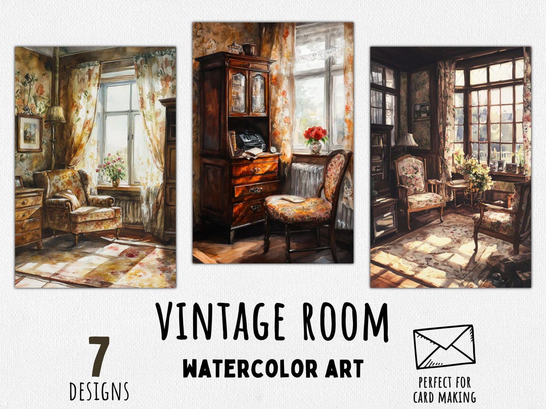 Watercolor Vintage Room Designs, Furniture Clipart, Cozy Living Room ...