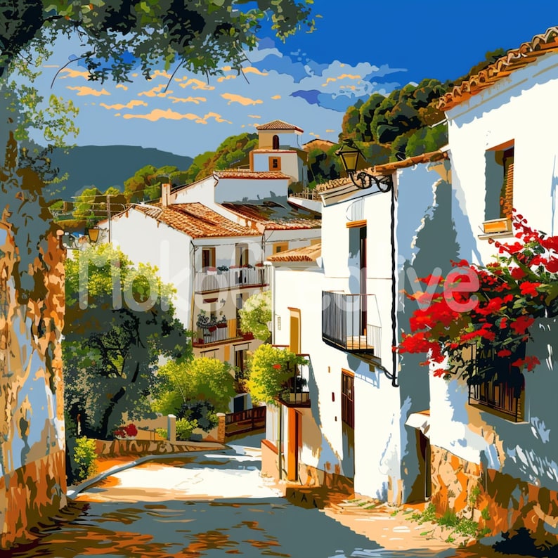 Spanish Village Watercolor Art Prints: Summer Town Designs (digital ...