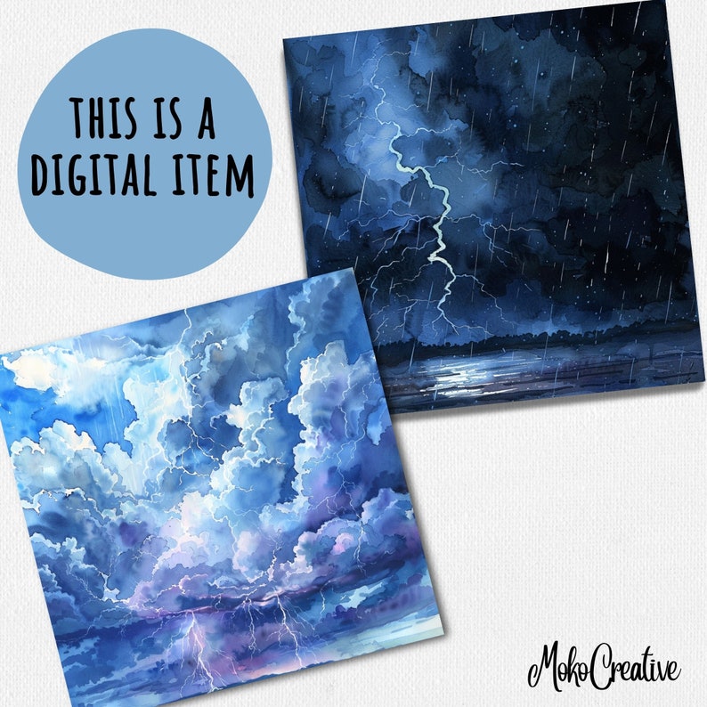 Watercolor Thunderstorm Clipart: Lightning Bolt Art, Commercial Use ...