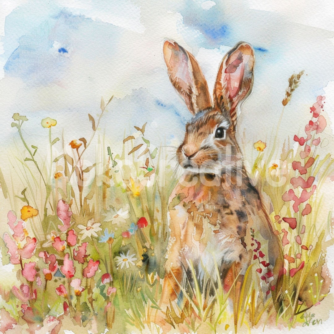 20 High Quality Rabbit in Spring Field Designs, Watercolor Hare Wall ...