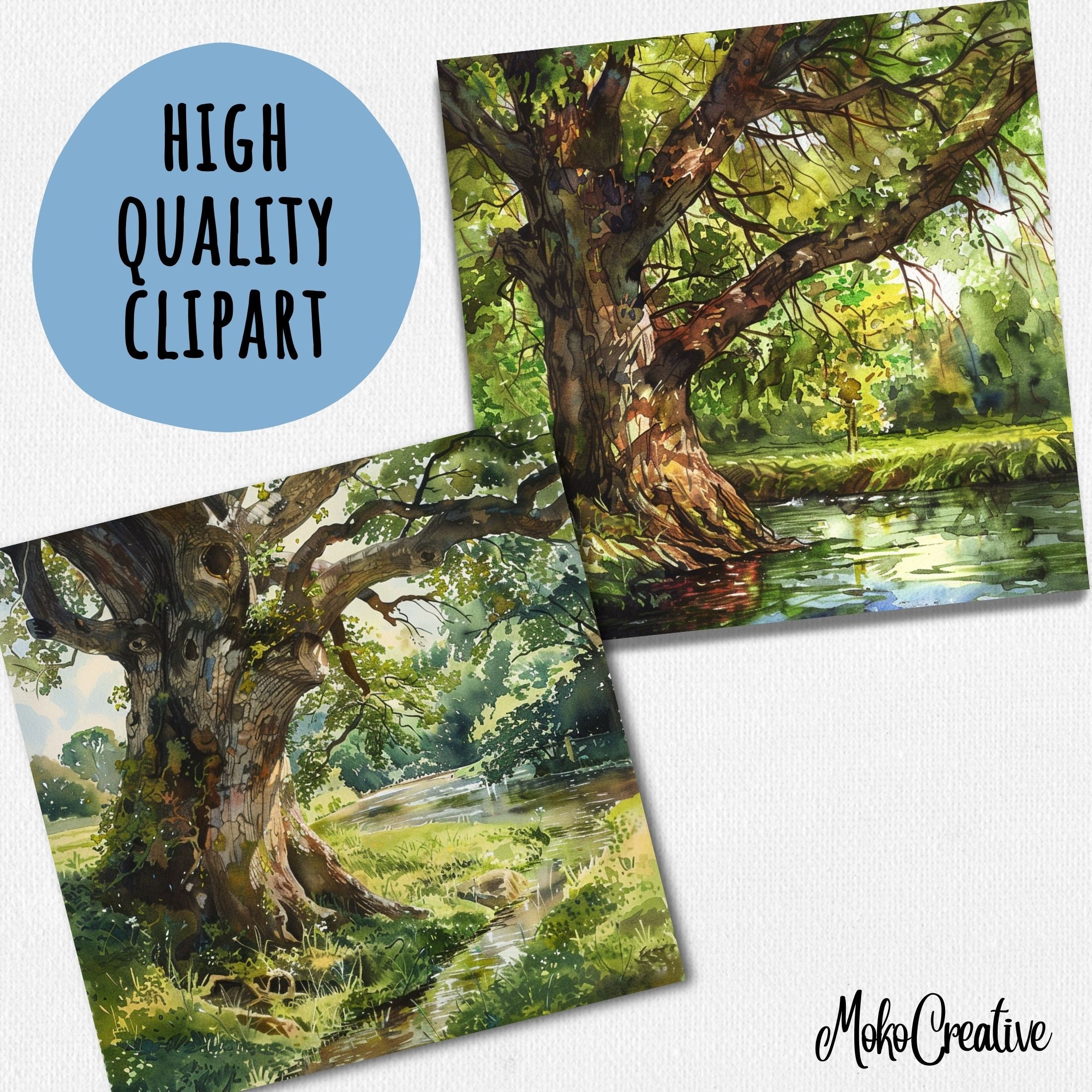 15 High Quality Big Tree Designs, Watercolor Summer Park, Tree by River ...