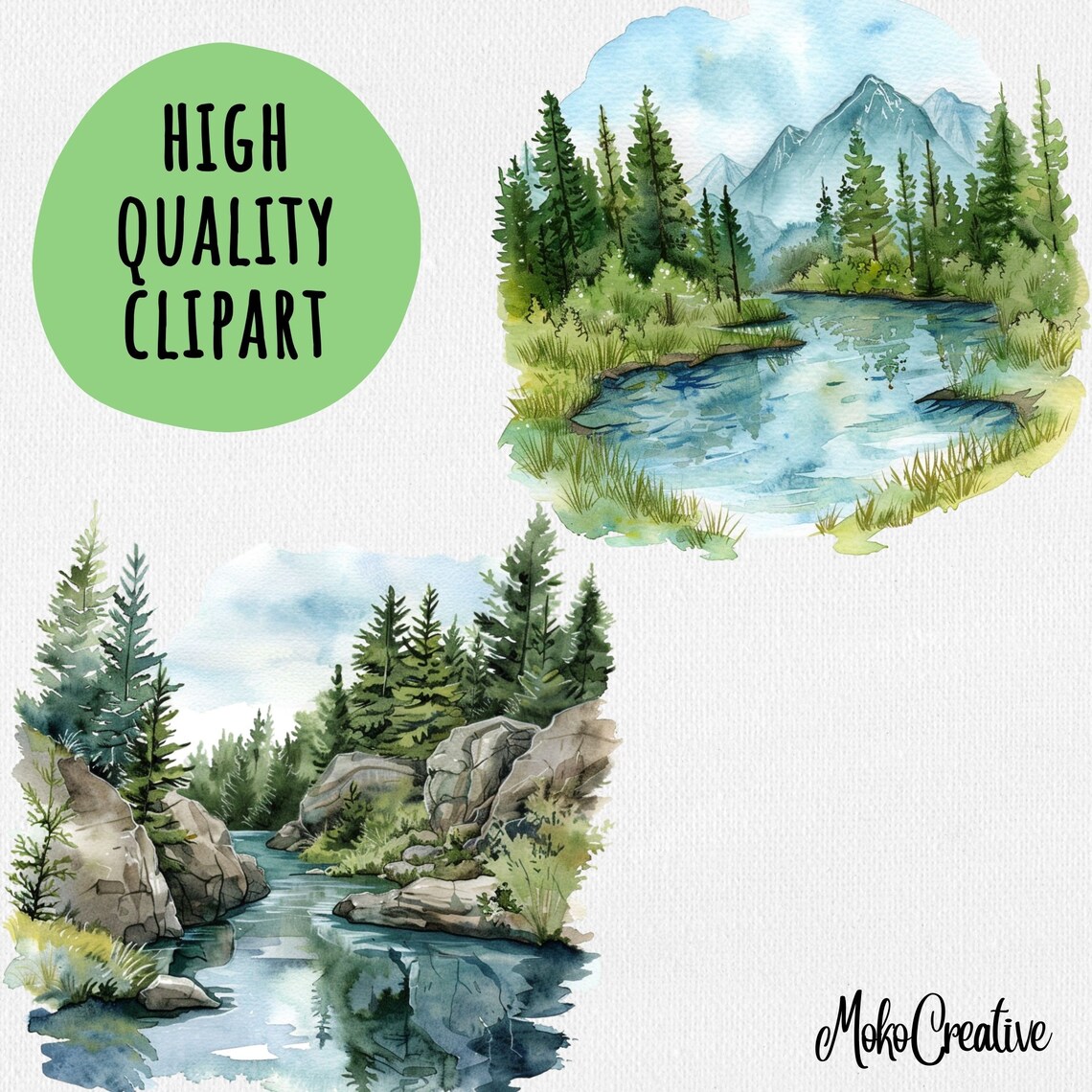 Watercolor River Landscape Clipart, 17 PNG, Digital Graphics, Forest ...