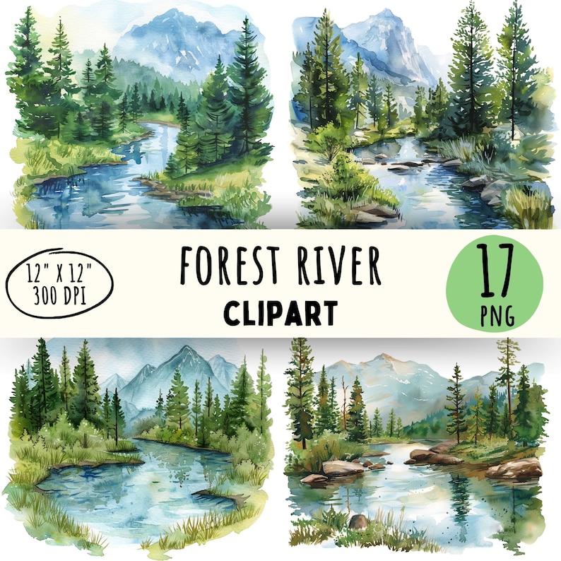 Watercolor River Landscape Clipart, 17 PNG, Digital Graphics, Forest ...