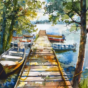 12 High Quality Lake Pier Designs JPG, Watercolor Summer Lake View ...