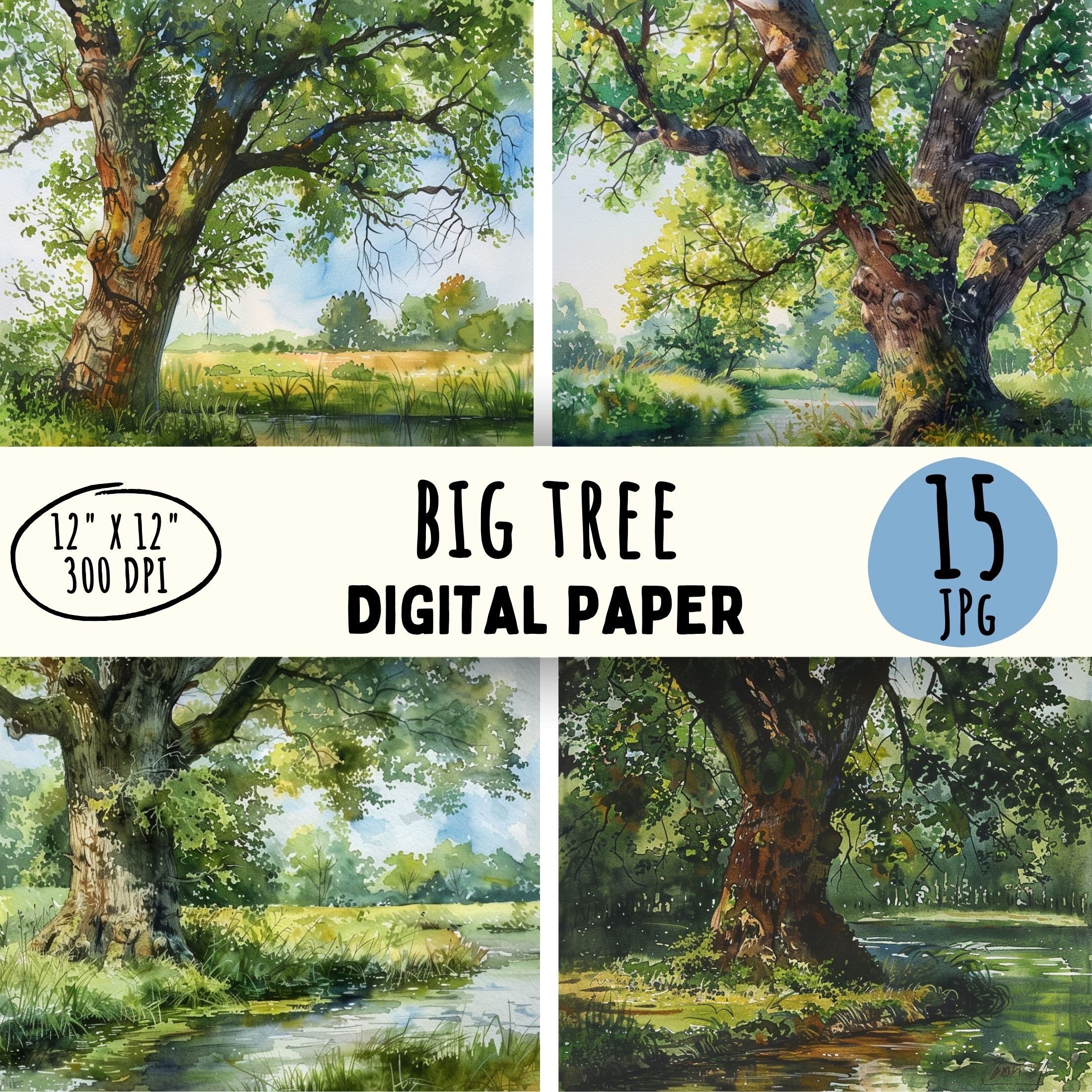 15 High Quality Big Tree Designs, Watercolor Summer Park, Tree by River ...