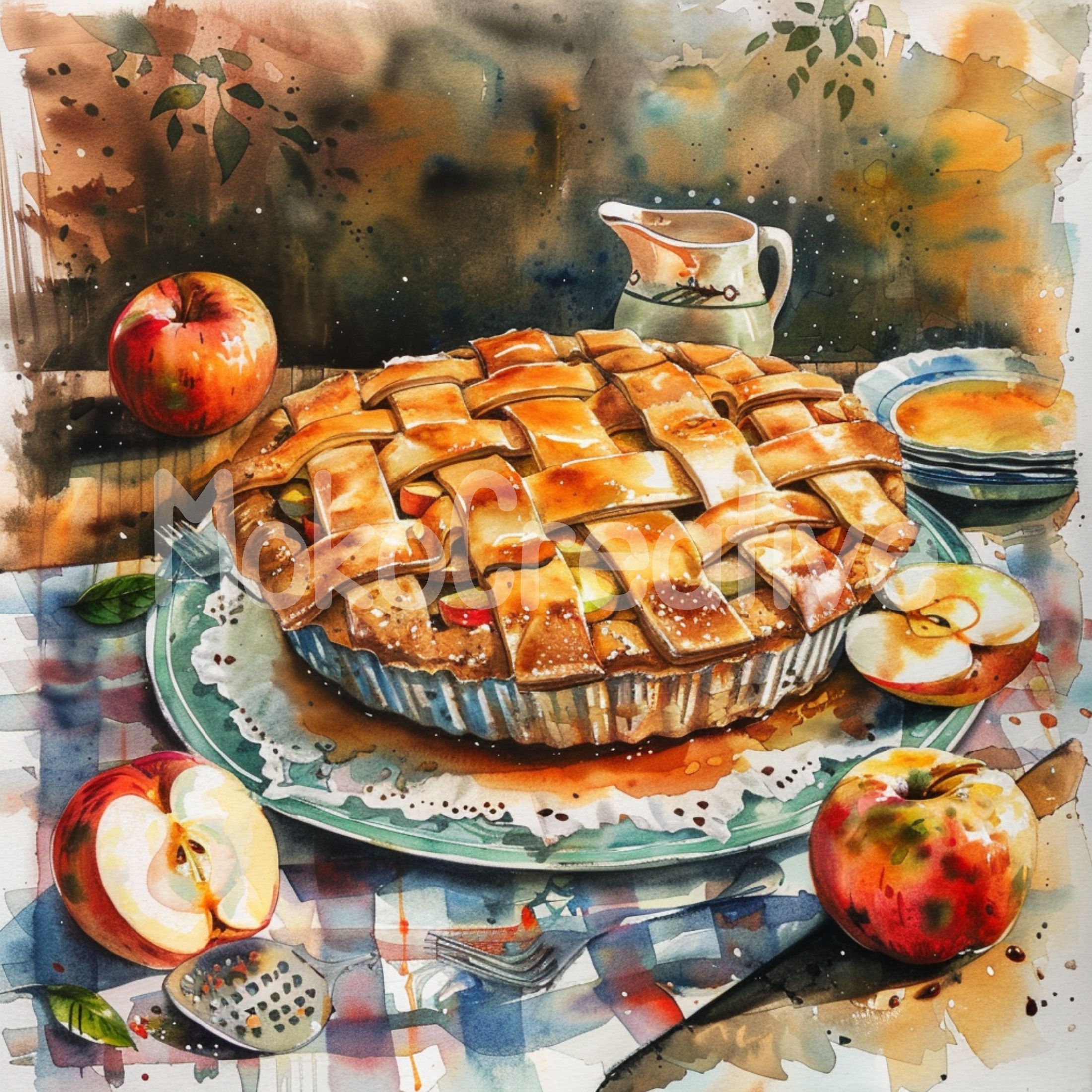 12 High Quality Apple Pie Design JPG, Watercolor Home Made Cake Wall ...