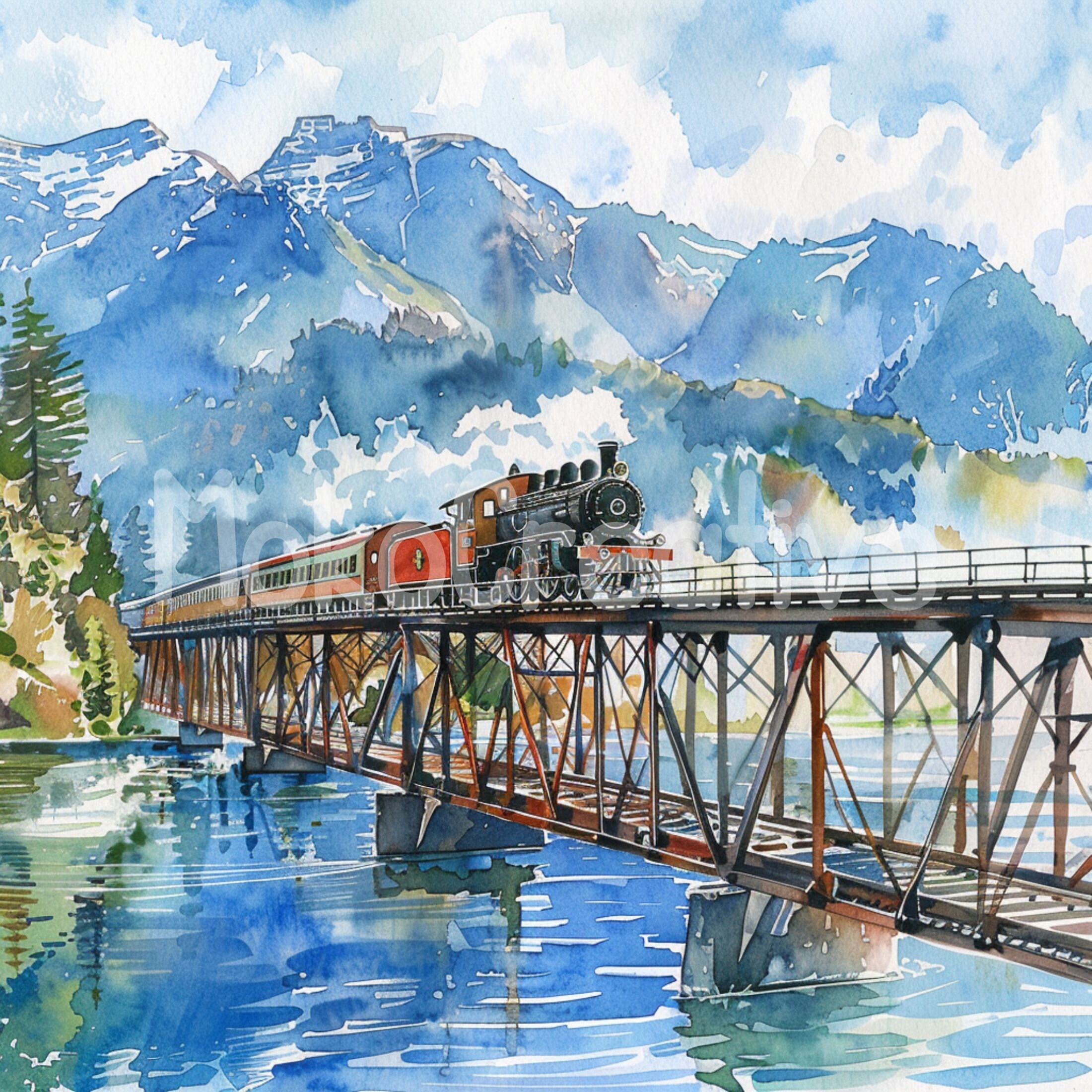 Watercolor Train Art Prints: Locomotive on Bridge Designs (digital ...