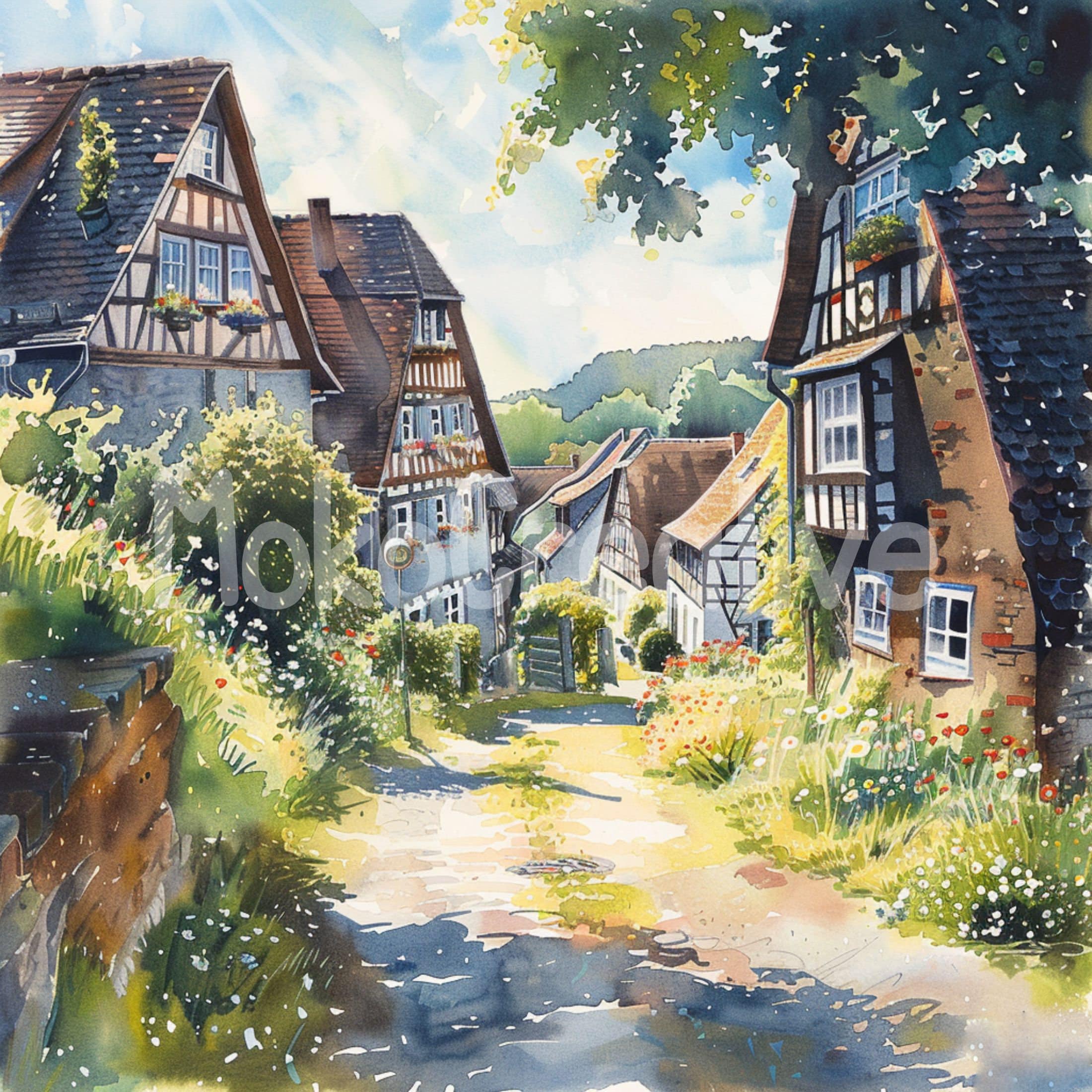 15 High Quality Summer Village Designs JPG, Watercolor Small Town, Wall ...