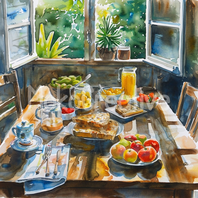 17 High Quality Breakfast Table Designs, Watercolor Morning Food Wall ...