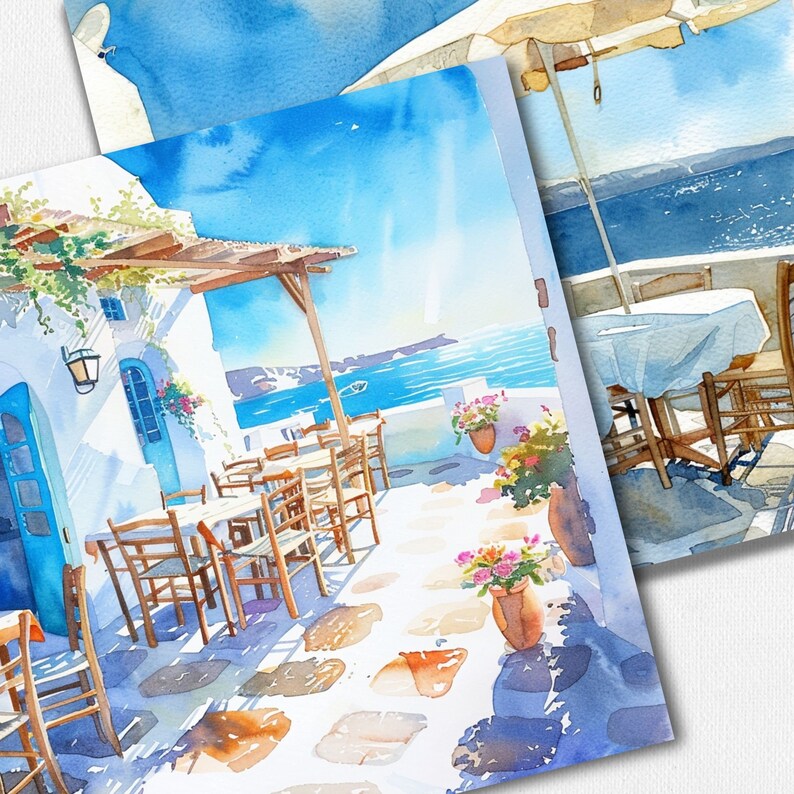 14 High Quality Greece Café Designs, Watercolor Summer Santorini, Geek ...