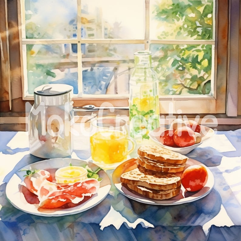 17 High Quality Breakfast Table Designs, Watercolor Morning Food Wall ...