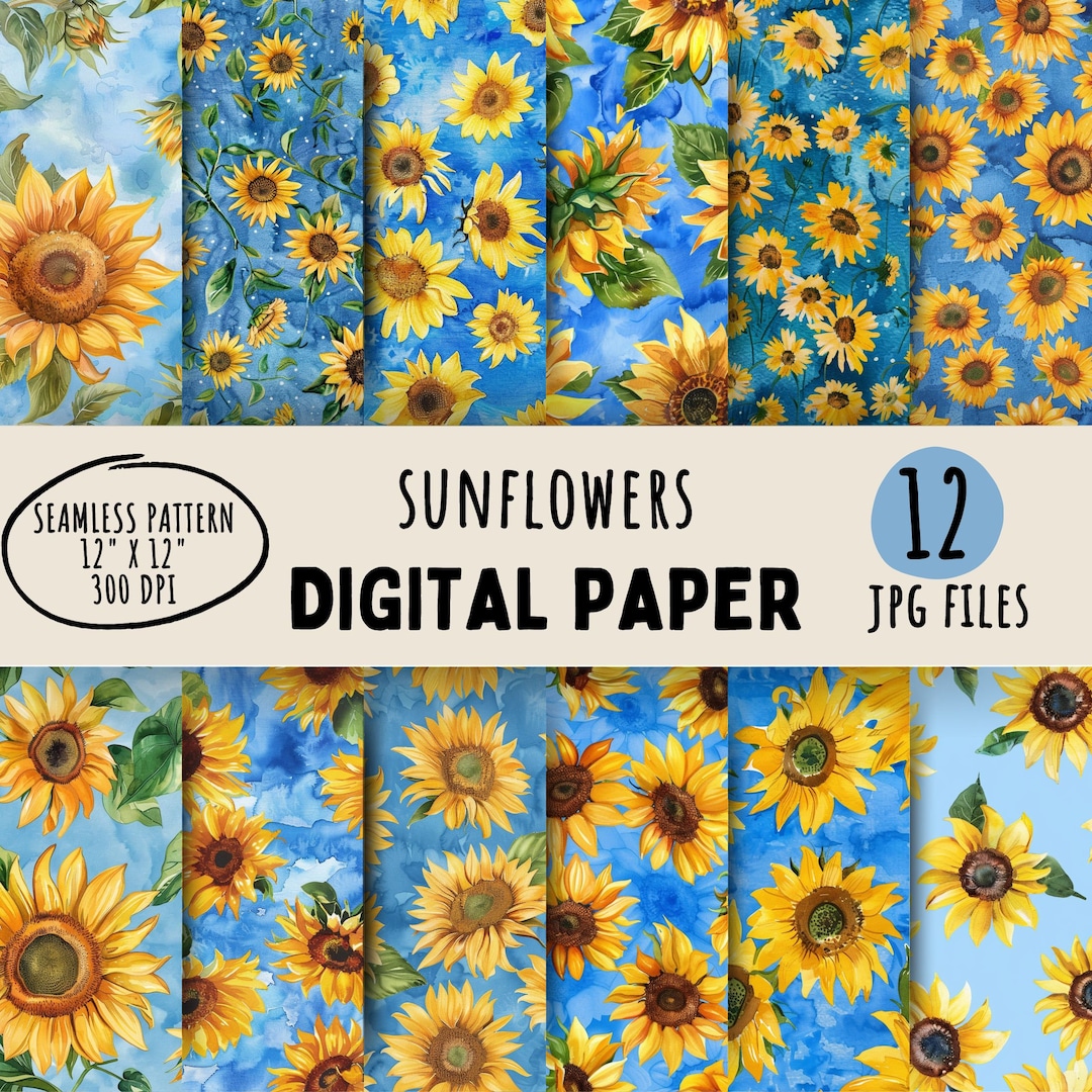 12 Summer Sunflower Digital Papers, Sunflower Farm Blue Sky Seamless ...