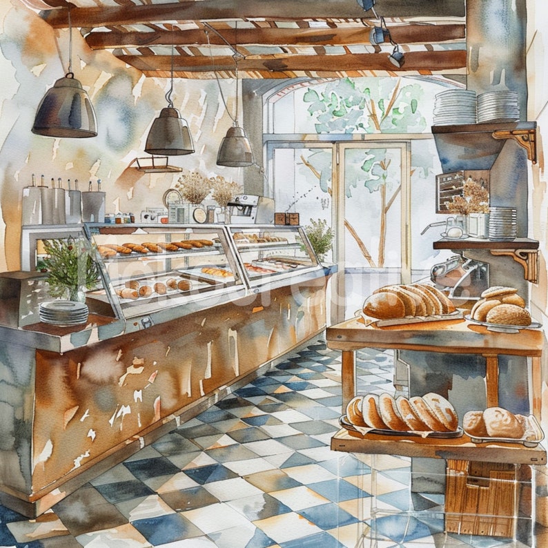 Watercolor Bakery Shop Designs: Bread & Pastries Wall Art (digital ...