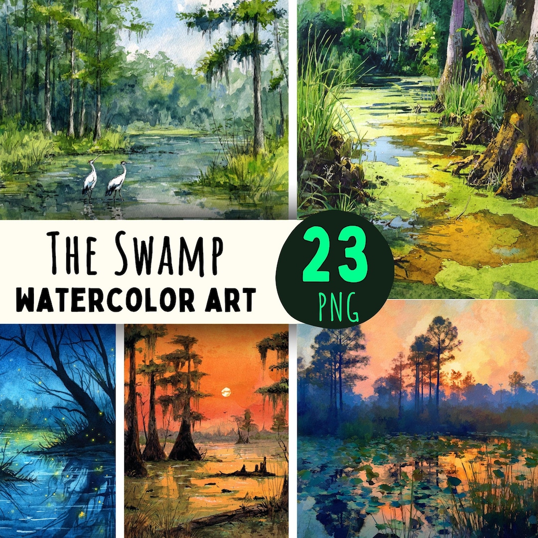 Watercolor Swamp Landscape Clipart: Wetlands, Bayou, Marsh (PNG Digital ...